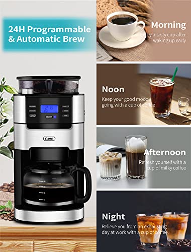 10-Cup Drip Coffee Maker, Grind and Brew Automatic Coffee Machine with Built-In Burr Coffee Grinder, Programmable Timer Mode and Keep Warm Plate, 1.5L Large Capacity Water Tank,900W, Black