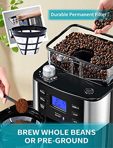 10-Cup Drip Coffee Maker, Grind and Brew Automatic Coffee Machine with Built-In Burr Coffee Grinder, Programmable Timer Mode and Keep Warm Plate, 1.5L Large Capacity Water Tank,900W, Black