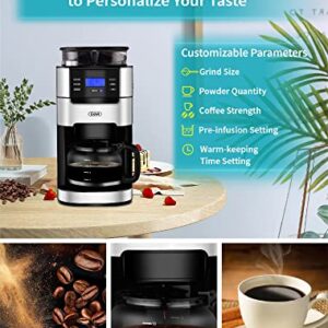 10-Cup Drip Coffee Maker, Grind and Brew Automatic Coffee Machine with Built-In Burr Coffee Grinder, Programmable Timer Mode and Keep Warm Plate, 1.5L Large Capacity Water Tank,900W, Black