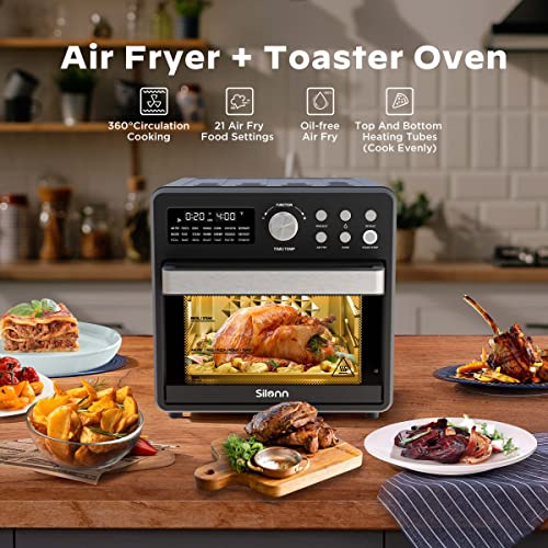 Silonn Air Fryer Oven 16QT 21-in-1 Smart Air Fryer Toaster Oven Combo Digital Countertop Natural Convection Roast Bake Dehydrate and Reheat 1600W Stainless Steel, Black, 17.3"L x 14.76"W x 16.34"H