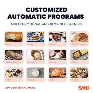 SAKI 3 LB Large Bread Maker Machine, 12-in-1 Programmable Large Bread Machine, with Nonstick Ceramic Bread Pan & Large Digital Touch Panel, 3 Loaf Sizes with 3 Crust Colors Options, Keep Warm Mode