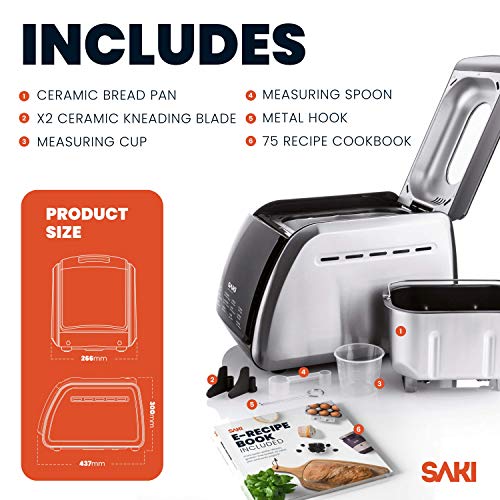 SAKI 3 LB Large Bread Maker Machine, 12-in-1 Programmable Large Bread Machine, with Nonstick Ceramic Bread Pan & Large Digital Touch Panel, 3 Loaf Sizes with 3 Crust Colors Options, Keep Warm Mode