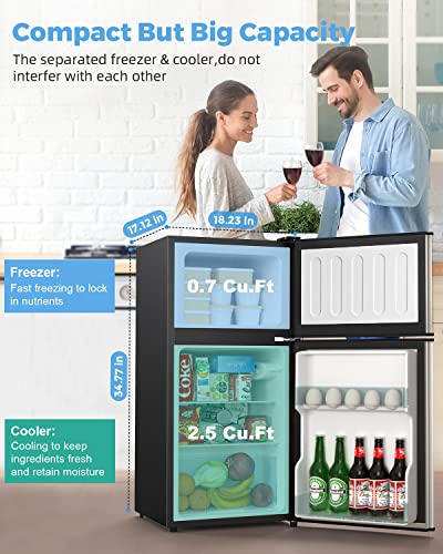 Bodare Mini Fridge with Freezer Quiet: 3.2 Cu.Ft Mini Refrigerator with 2 Doors - Small Refrigerator Energy-Efficient Compact Refrigerator - Small Fridge for Bedroom Dorm Office Apartment (Champagne)