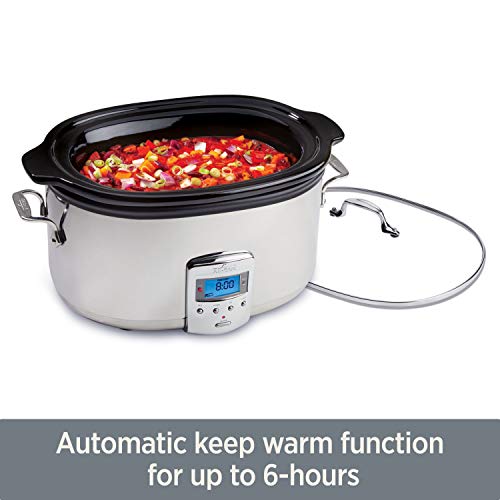 All-Clad SD700450 Programmable Oval-Shaped Slow Cooker with Black Ceramic Insert and Glass Lid, 6.5-Quart, Silver