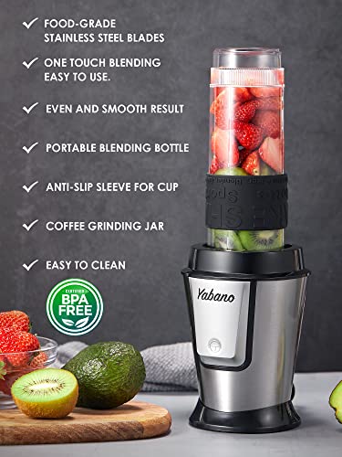 Personal Blender with 2 x 20oz Travel Bottle and Coffee/Spices Jar, Portable Smoothie Blender and Coffee Grinder in One , 500W Single Serve Blender for Shakes and Smoothies, BPA free, by Yabano (Black)