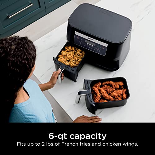 Ninja DZ090 Foodi 6 Quart 5-in-1 DualZone 2-Basket Air Fryer with 2 Independent Frying Baskets, Match Cook & Smart Finish to Roast, Bake, Dehydrate & More for Quick Snacks & Small Meals, Black (Renewed)