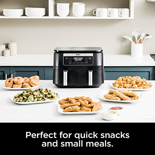 Ninja DZ090 Foodi 6 Quart 5-in-1 DualZone 2-Basket Air Fryer with 2 Independent Frying Baskets, Match Cook & Smart Finish to Roast, Bake, Dehydrate & More for Quick Snacks & Small Meals, Black (Renewed)