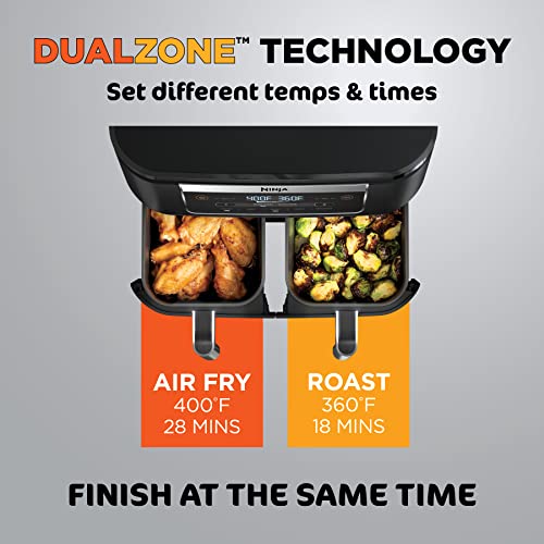 Ninja DZ090 Foodi 6 Quart 5-in-1 DualZone 2-Basket Air Fryer with 2 Independent Frying Baskets, Match Cook & Smart Finish to Roast, Bake, Dehydrate & More for Quick Snacks & Small Meals, Black (Renewed)