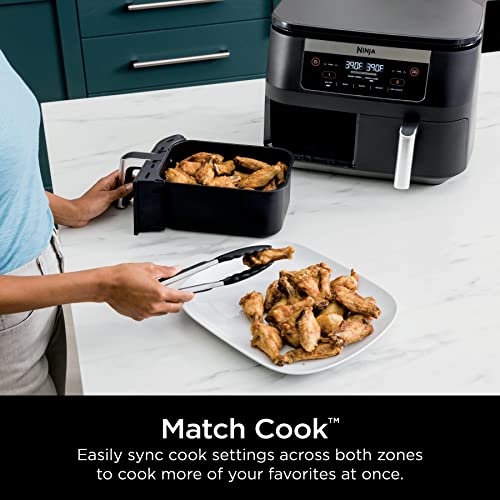 Ninja DZ090 Foodi 6 Quart 5-in-1 DualZone 2-Basket Air Fryer with 2 Independent Frying Baskets, Match Cook & Smart Finish to Roast, Bake, Dehydrate & More for Quick Snacks & Small Meals, Black (Renewed)