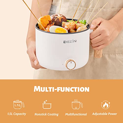 Dezin Electric Hot Pot with Steamer, 1.5L Non-stick Ramen Cooker, 2 in 1 Shabu Shabu Hot Pot, Multifunctional Cooker with Overheating Protection for Stew, Noodles (Egg Rack Included)