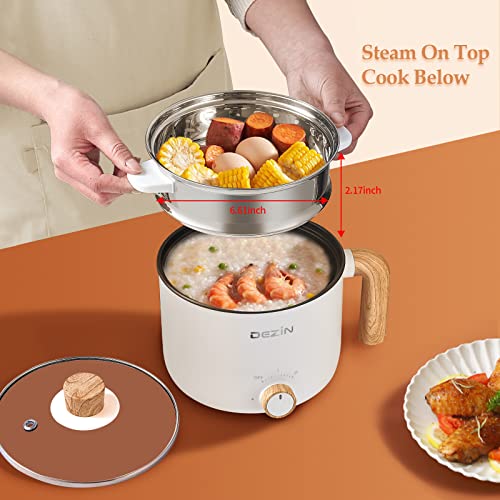 Dezin Electric Hot Pot with Steamer, 1.5L Non-stick Ramen Cooker, 2 in 1 Shabu Shabu Hot Pot, Multifunctional Cooker with Overheating Protection for Stew, Noodles (Egg Rack Included)