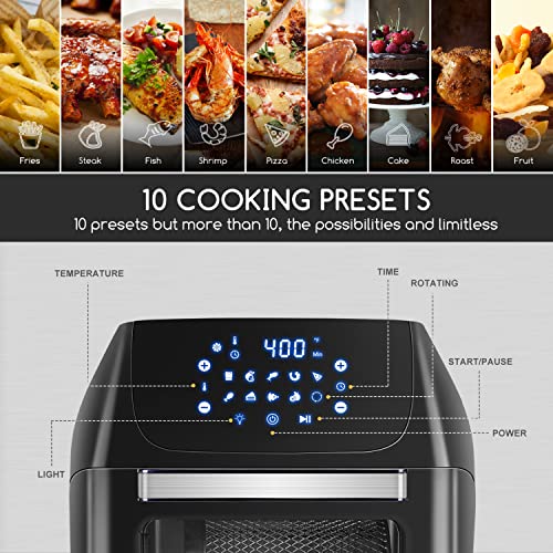 Aigostar Air Fryer, 13 QT Air Fryer Oven, Rotisserie Oven, 1500W Air Fryer Toaster Oven, Digital Touchscreen, 10-in-1 Presets for Dehydrate, Toaster, Convection Oven with Accessories