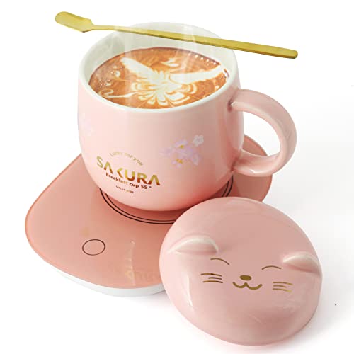 Coffee Warmer with Mug - Cute Coffee Cups Cat Mug Cup Warmer Mug Warmer for Desk Coffee Cup for Women Smart Coffee Mug Warmer Coffee Mug Warmer is The Gift with Gift Box Pink