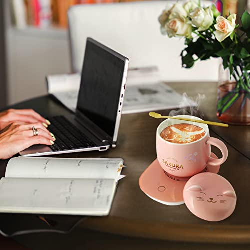 Coffee Warmer with Mug - Cute Coffee Cups Cat Mug Cup Warmer Mug Warmer for Desk Coffee Cup for Women Smart Coffee Mug Warmer Coffee Mug Warmer is The Gift with Gift Box Pink