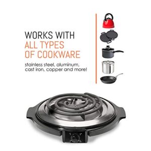 Elite Gourmet ESB-300X Single Countertop Coiled Burner, 1000 Watts Electric Hot Plate, Temperature Controls, Power Indicator Lights, Easy to Clean, Black