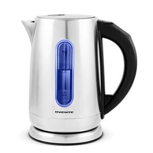 ovente electric tea kettle stainless steel 1.7 liter instant hot water boiler heater cordless with temperature control, automatic shut off and keep warm function for coffee milk chocolate silver ks58s