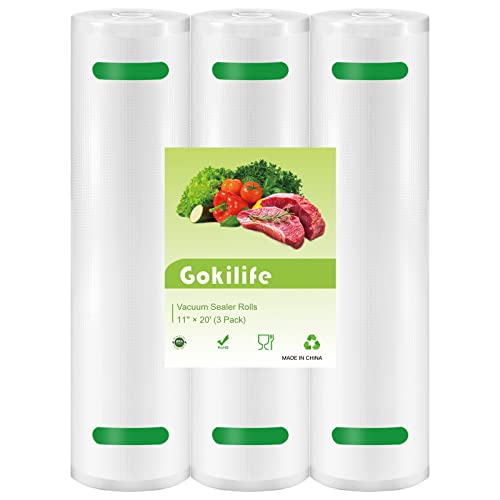 Gokilife Vacuum Sealer Bags Rolls - 11" x 20' Rolls 3 Pack Compatible with Food Saver Seal a Meal, Heavy Duty BPA Free Commercial Fresh Bag, Cut to Size for Vac Storage, Meal Prep or Sous Vide