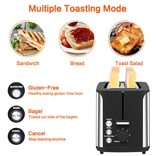 Toaster 2 Slice, Extra Wide Slot, Stainless Steel, 7 Browning Shade Settings, Bagel/Cancel/Gluten-Free/Reheat Function, 900 Watt