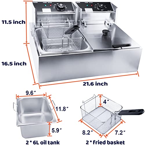 Commercial Deep Fryer with Basket, 3400W 12.7QT/12L Electric Deep Fryers for Restaurant or Home Use, Detachable Large Capacity Stainless Steel Countertop Electric Oil Fryer with Temperature Control