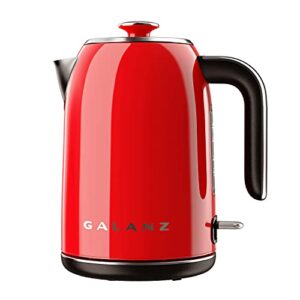 galanz retro electric kettle with heat resistant handle and cordless pour, quick hot water boil, boil-dry protection, automatic shut-off, 1.7 l, red