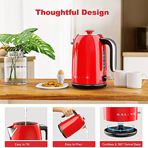 Galanz Retro Electric Kettle with Heat Resistant Handle and Cordless Pour, Quick Hot Water Boil, Boil-Dry Protection, Automatic Shut-Off, 1.7 L, Red