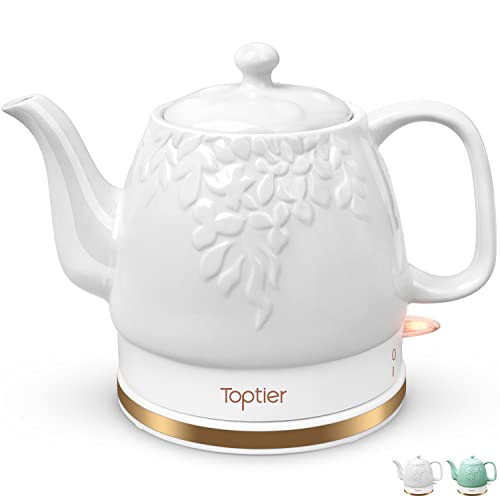 Toptier Electric Ceramic Tea Kettle, Boil Water Quickly and Easily, Detachable Swivel Base & Boil Dry Protection, Carefree Auto Shut Off, 1 L, White Leaf