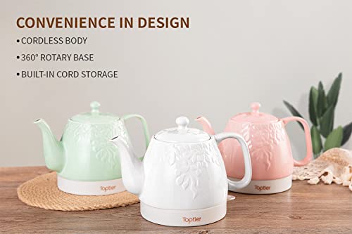 Toptier Electric Ceramic Tea Kettle, Boil Water Quickly and Easily, Detachable Swivel Base & Boil Dry Protection, Carefree Auto Shut Off, 1 L, White Leaf