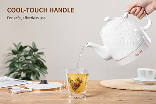 Toptier Electric Ceramic Tea Kettle, Boil Water Quickly and Easily, Detachable Swivel Base & Boil Dry Protection, Carefree Auto Shut Off, 1 L, White Leaf