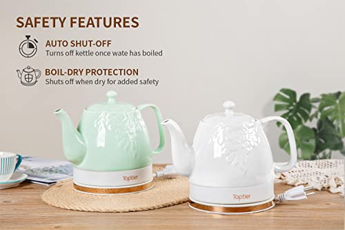 Toptier Electric Ceramic Tea Kettle, Boil Water Quickly and Easily, Detachable Swivel Base & Boil Dry Protection, Carefree Auto Shut Off, 1 L, White Leaf