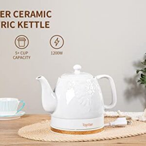 Toptier Electric Ceramic Tea Kettle, Boil Water Quickly and Easily, Detachable Swivel Base & Boil Dry Protection, Carefree Auto Shut Off, 1 L, White Leaf