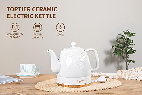 Toptier Electric Ceramic Tea Kettle, Boil Water Quickly and Easily, Detachable Swivel Base & Boil Dry Protection, Carefree Auto Shut Off, 1 L, White Leaf