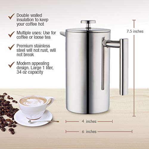 MIRA 34 oz Stainless Steel French Press Coffee Maker with 3 Extra Filters | Double Walled Insulated Coffee & Tea Brewer Pot & Maker | Keeps Brewed Coffee or Tea Hot | 1000 ml (Pearl Blue)