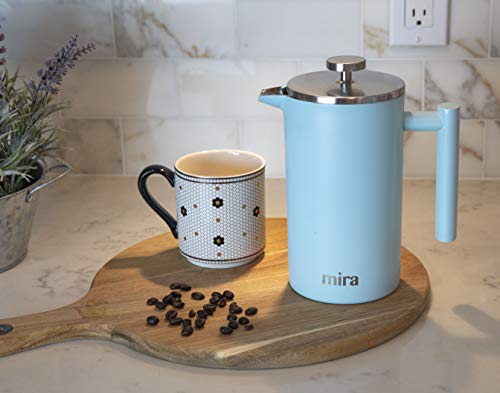 MIRA 34 oz Stainless Steel French Press Coffee Maker with 3 Extra Filters | Double Walled Insulated Coffee & Tea Brewer Pot & Maker | Keeps Brewed Coffee or Tea Hot | 1000 ml (Pearl Blue)