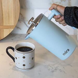 MIRA 34 oz Stainless Steel French Press Coffee Maker with 3 Extra Filters | Double Walled Insulated Coffee & Tea Brewer Pot & Maker | Keeps Brewed Coffee or Tea Hot | 1000 ml (Pearl Blue)