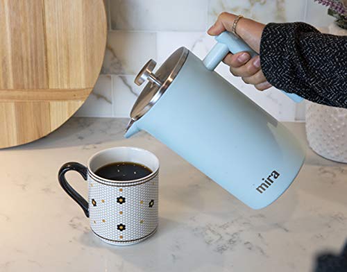 MIRA 34 oz Stainless Steel French Press Coffee Maker with 3 Extra Filters | Double Walled Insulated Coffee & Tea Brewer Pot & Maker | Keeps Brewed Coffee or Tea Hot | 1000 ml (Pearl Blue)