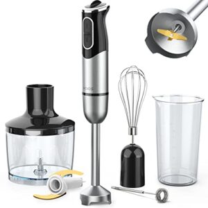 koios 800w immersion hand blender, multifunctional 5-in-1 low noise stick mixer, 9-speed, stainless steel, titanium plated blade, includes 600ml mixing beaker, 800ml chopper, whisk attachment, and milk frother