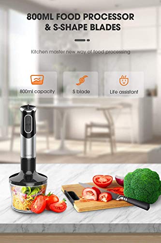 KOIOS 800W Immersion Hand Blender, Multifunctional 5-in-1 Low Noise Stick Mixer, 9-Speed, Stainless Steel, Titanium Plated Blade, includes 600ml Mixing Beaker, 800ml Chopper, Whisk Attachment, and Milk Frother