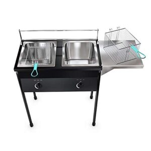 bioexcel taco cart two tank outdoor deep fryer-compatible with propane gas tanks-regulating nobs-propane deep fryer with 2 stainless baskets and steel oil tank