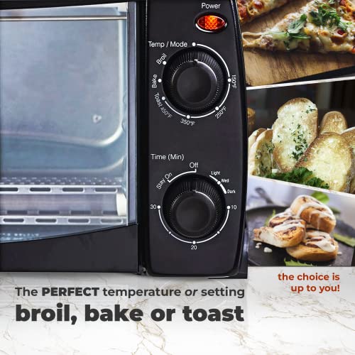 Mainstays 4-Slice Toaster Oven, Black, Includes 1 baking rack and 1 baking pan