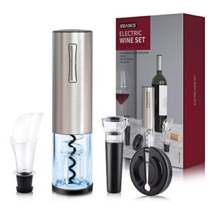 electric wine opener, ezbasics automatic wine bottle opener set with foil cutter vacuum stopper and wine aerator pourer for wine lovers gift home kitchen party bar wedding rechargeable, silver