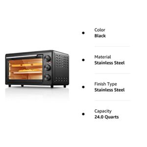 Toaster Oven, 6-Slice Toaster and Countertop Oven, Stainless Steel Multifunction Toaster Oven with Timer - Toast - Bake - Broil 1500 Watt Power Includes Baking Pan and Baking Rack, Black, 24QT