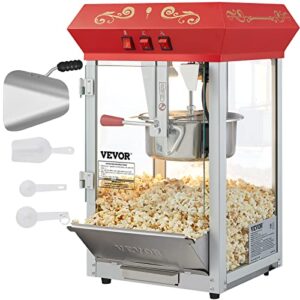 vevor commercial popcorn machine, 8 oz kettle, 850 w countertop popcorn maker for 48 cups per batch, theater style popper with 3-switch control steel frame tempered glass doors 2 scoops 2 spoons, red