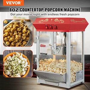 VEVOR Commercial Popcorn Machine, 8 Oz Kettle, 850 W Countertop Popcorn Maker for 48 Cups per Batch, Theater Style Popper with 3-Switch Control Steel Frame Tempered Glass Doors 2 Scoops 2 Spoons, Red