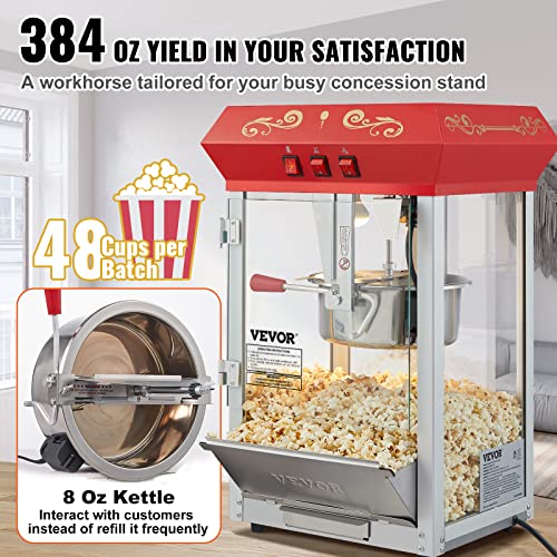 VEVOR Commercial Popcorn Machine, 8 Oz Kettle, 850 W Countertop Popcorn Maker for 48 Cups per Batch, Theater Style Popper with 3-Switch Control Steel Frame Tempered Glass Doors 2 Scoops 2 Spoons, Red