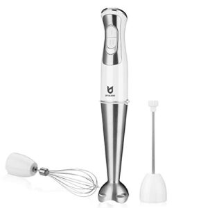 immersion hand blender, utalent 3-in-1 8-speed stick blender with milk frother, egg whisk for smoothies, coffee milk foam, puree baby food, sauces and soups – white