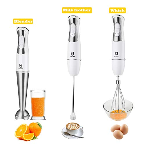 Immersion Hand Blender, UTALENT 3-in-1 8-Speed Stick Blender with Milk Frother, Egg Whisk for Smoothies, Coffee Milk Foam, Puree Baby Food, Sauces and Soups - White