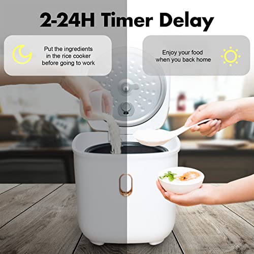 RUNHU Rice Cooker, 4 Cups Uncooked Mini Rice Cooker, 2L(2.1 QT) Protable Rice Cooker for 1-4 people, 120V Rice Maker with 24 Hours Timer Delay&Keep Warm Function for Soups,Stews,Grains,Oatmeal (White)