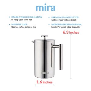 MIRA 12 oz Stainless Steel French Press Coffee Maker | Double Walled Insulated Coffee & Tea Brewer Pot & Maker | Keeps Brewed Coffee or Tea Hot | 350 ml