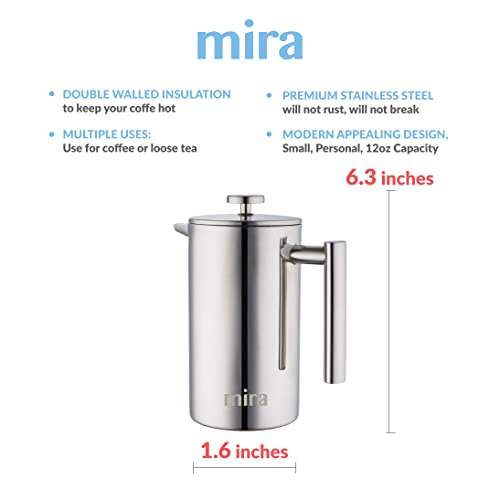 MIRA 12 oz Stainless Steel French Press Coffee Maker | Double Walled Insulated Coffee & Tea Brewer Pot & Maker | Keeps Brewed Coffee or Tea Hot | 350 ml