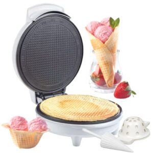 waffle cone and bowl maker- includes shaper roller and bowl press- homemade ice cream cone iron machine – electric nonstick waffler iron, unique birthday treat, gift giving or entertaining holiday fun